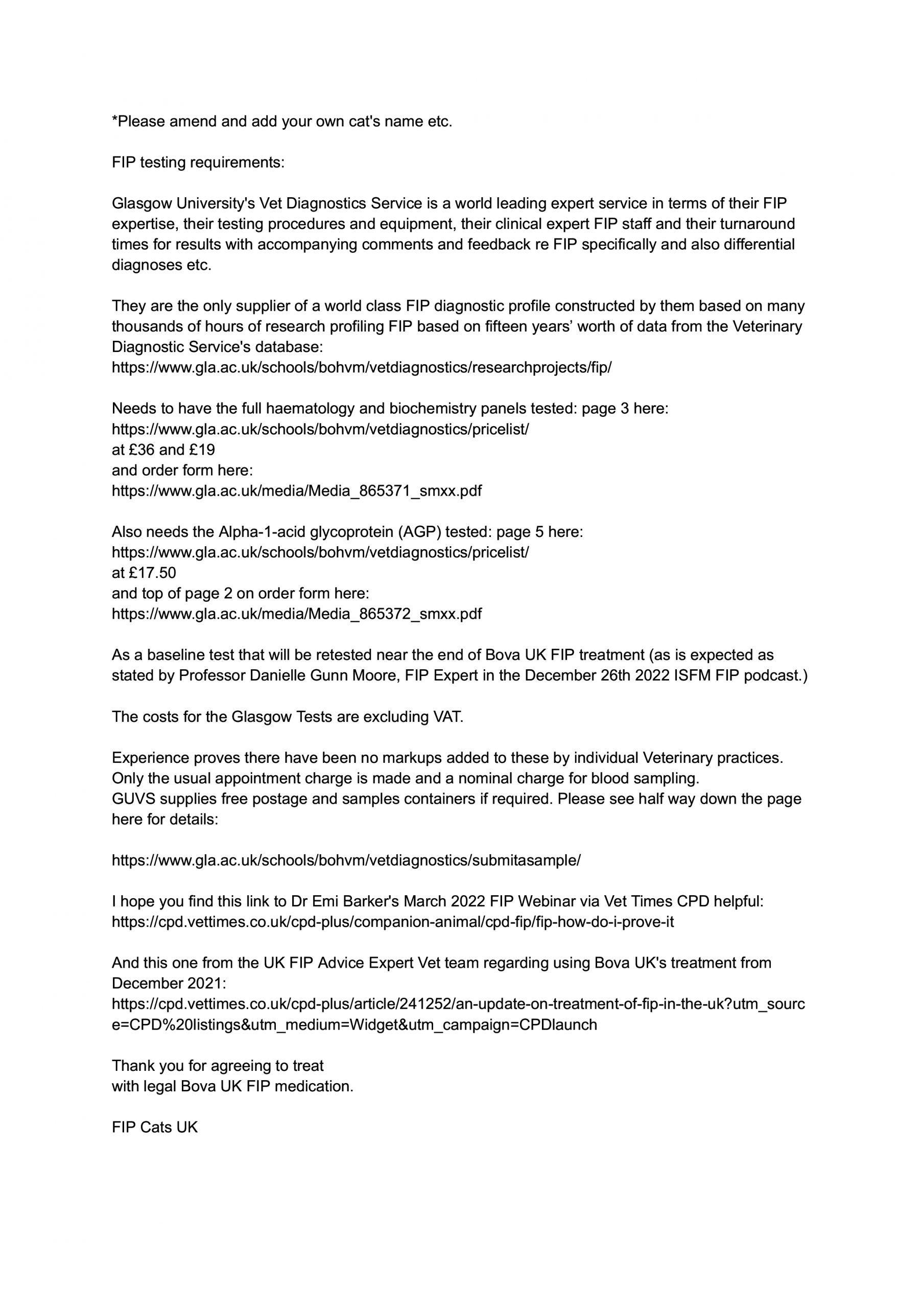 Template Letters for Your Vet – FIP Cats UK